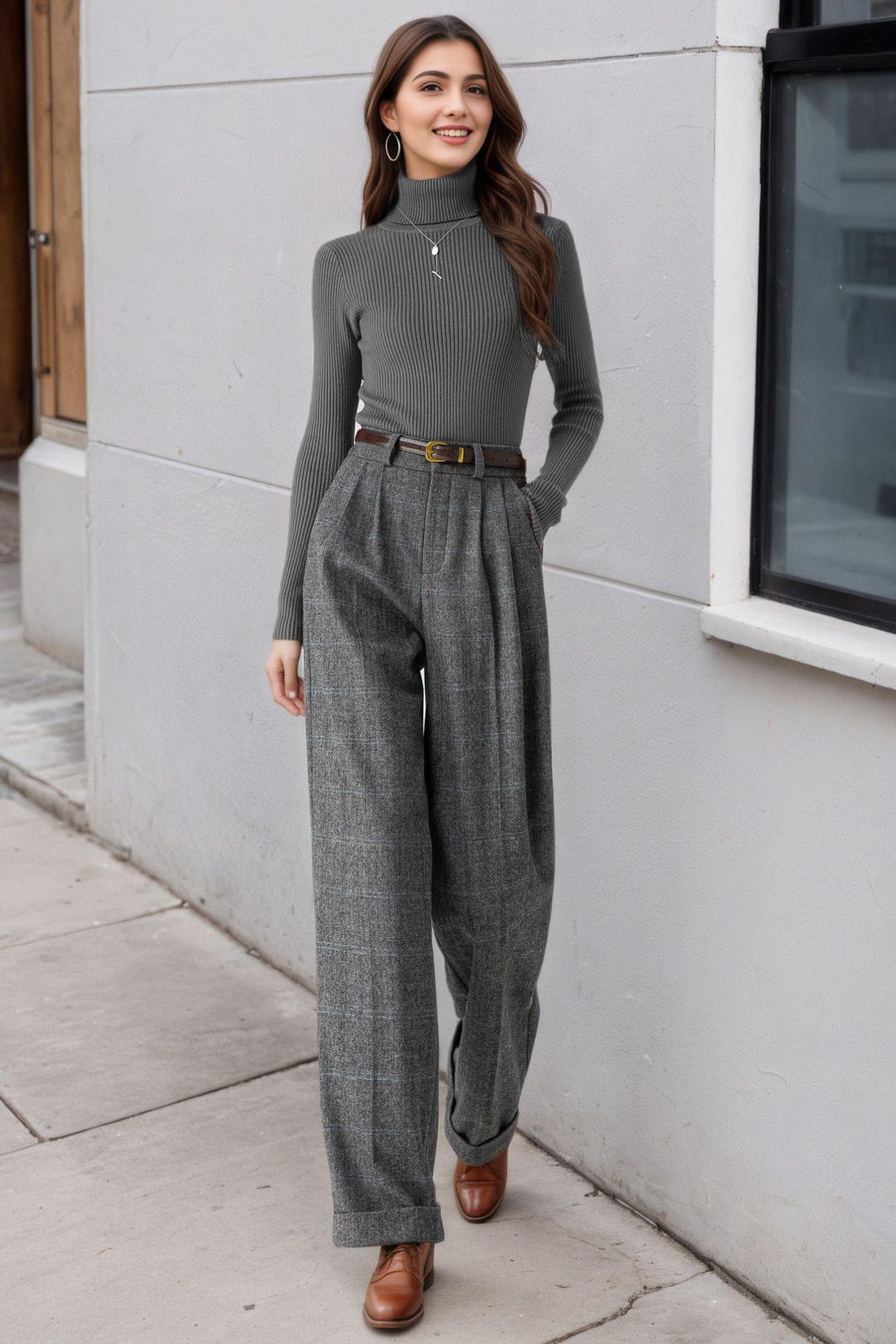 Officewear Pants, Grey Long Plaid Wool Pants, Plus Size Womens Wide Leg ...