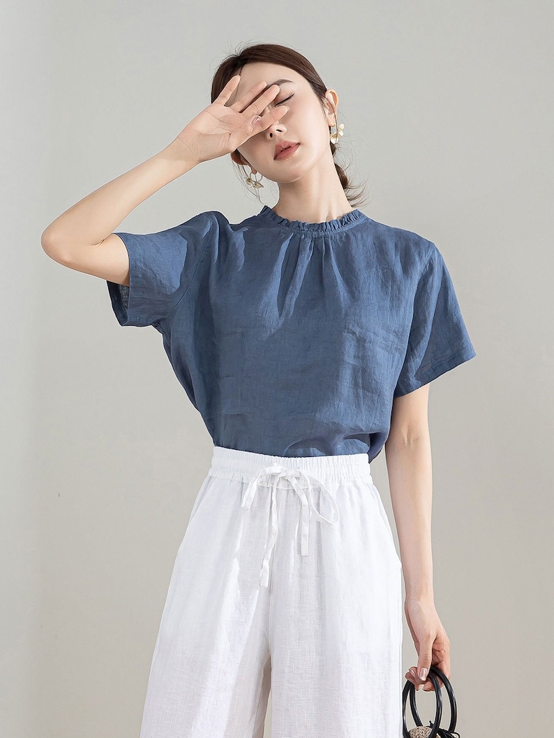 Blue Vintage Linen Tops Clothing, Retro Ruffle Crew Neck Linen Shirts ...