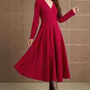Wool Dress, Red Midi Wool Dress, Swing Wool Dress, A Line Wool Dress, V ...