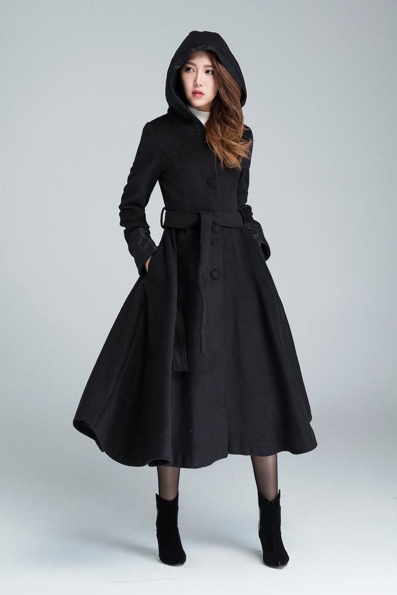 Vintage Inspired Black Wool Swing Coat Hooded Wool Coat Long Etsy