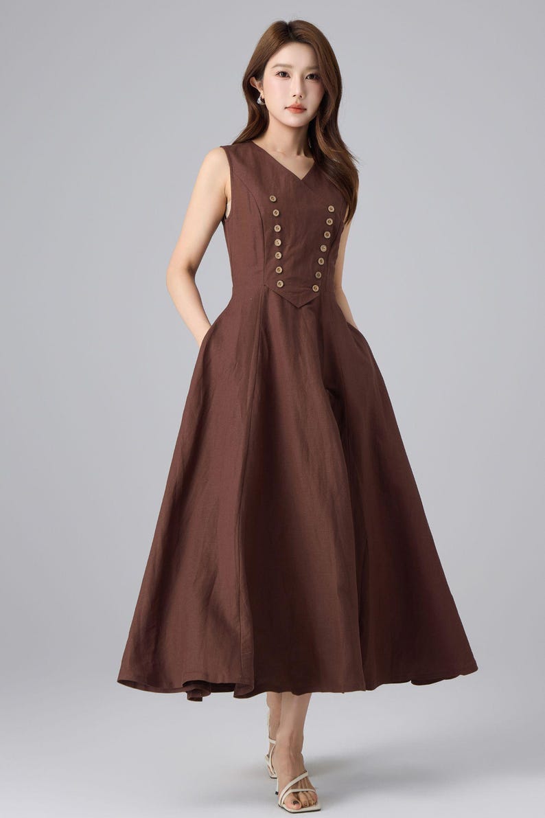 Brown Pinafore Maxi Dress: Sleeveless Double Breasted Linen Dress ...