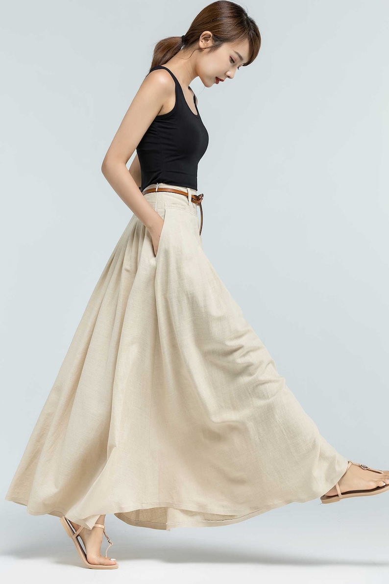 Casual Linen Maxi Skirt Outfit for Summer, Pleated Swing Maxi Linen ...