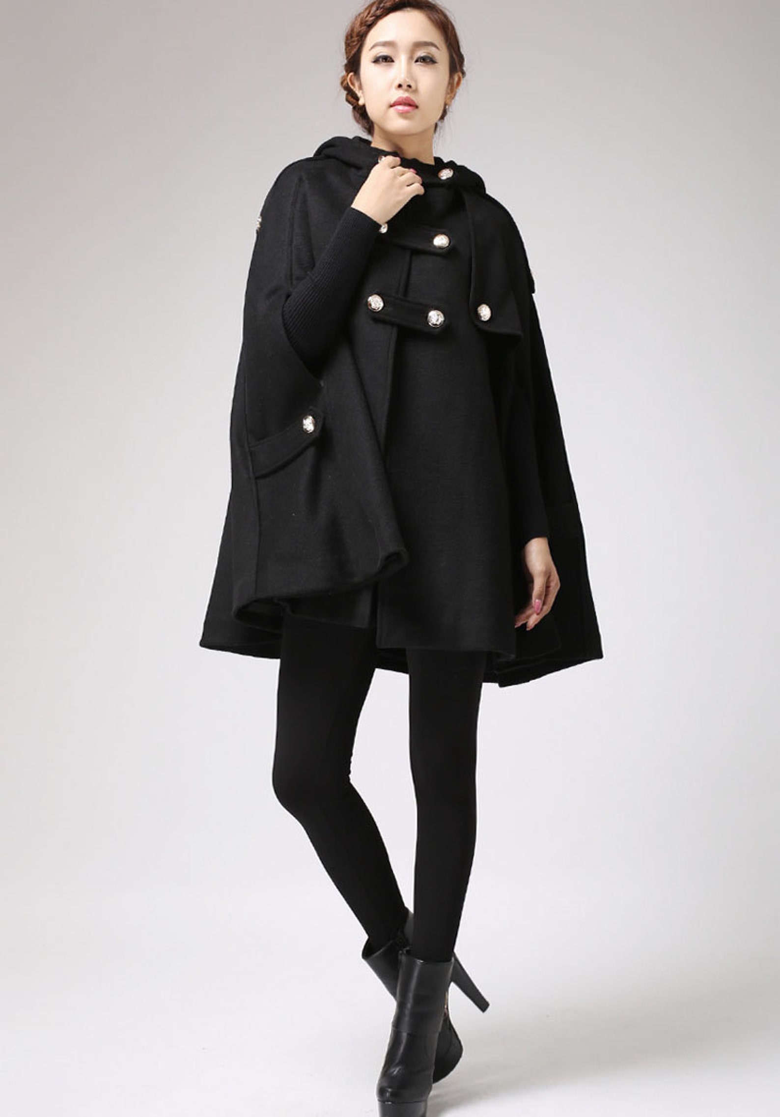 Black Wool Cape Coat Hooded Cape Coat Women Cape Military | Etsy