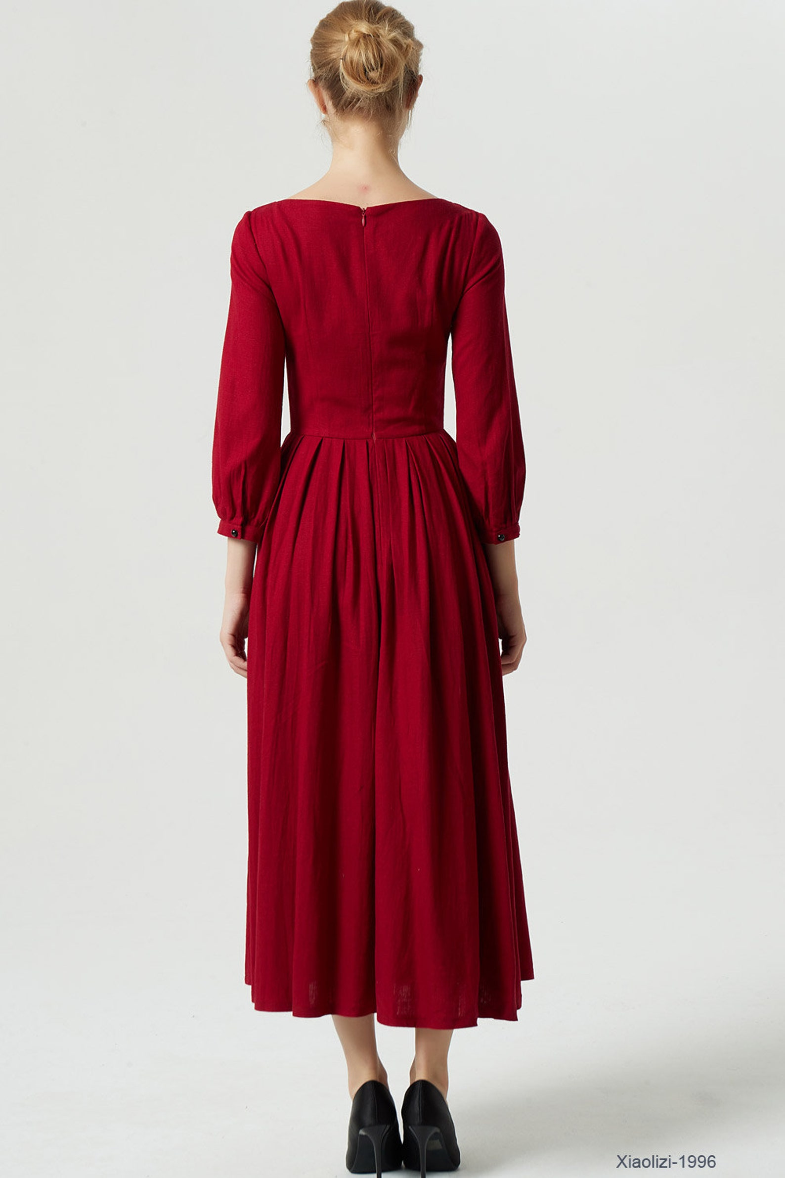 Linen Dress Womens Red Pleated Midi Linen Dress Spring Long - Etsy