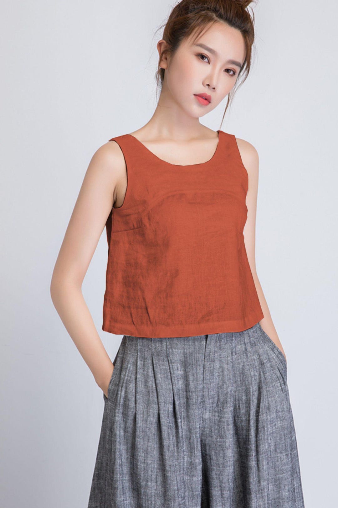 Rust Red Crop Linen Tops, Linen Tank Tops, Womens Linen Tops, Summer ...