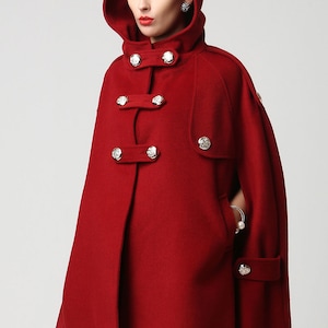 Women's Winter Red Wool Hooded Wool Cape Coat, Plus Size Cape Coat ...