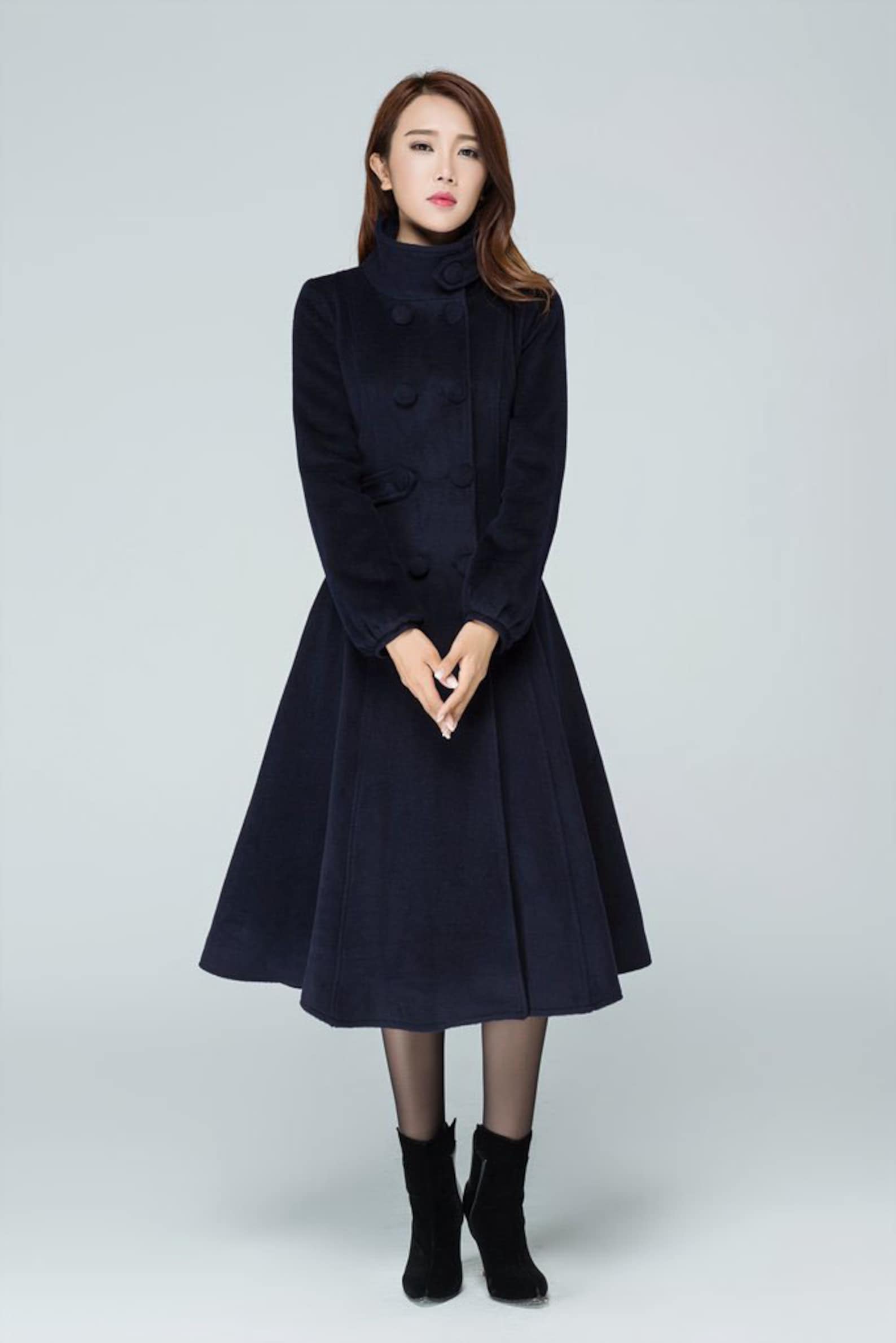 Navy Blue Coat, Wool Coat, Warm Winter Coat, Midi Coat, Womens Coat ...