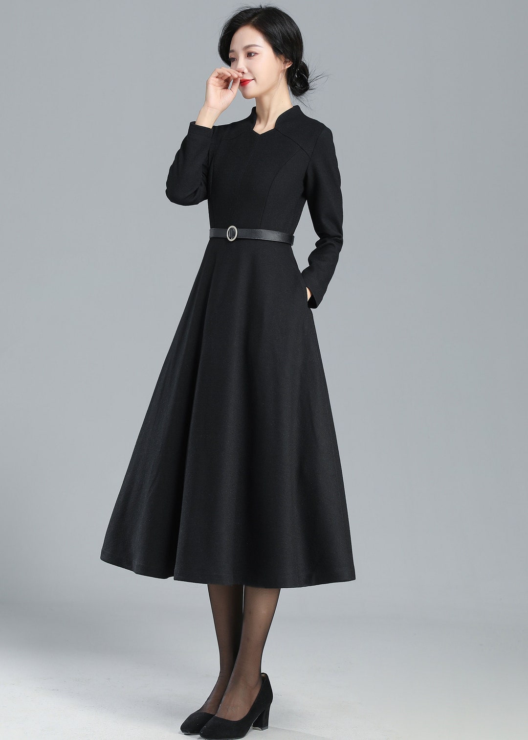 Black Long Wool Dress Women, Elegant Swing Dress, Long Sleeve Dress ...