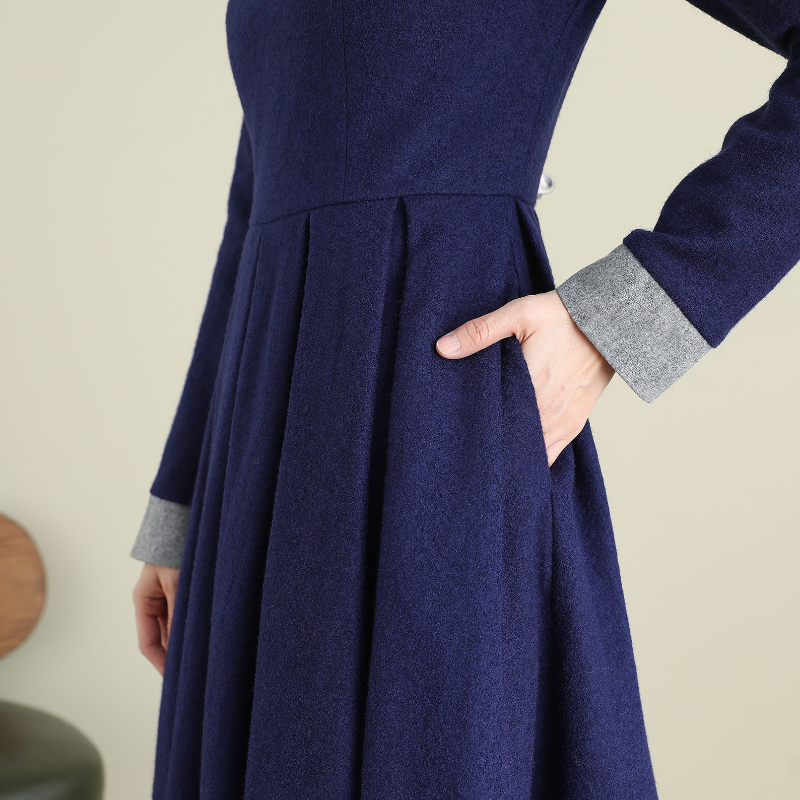 Midi Dress, Wool Dress, A-line Wool Dress, Navy Blue Dress, Pleated ...