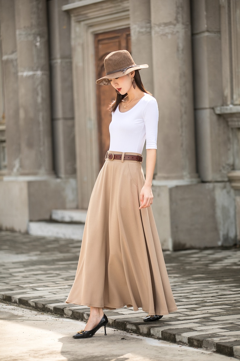 A-line Khaki Work Maxi Skirt, Long Skirt, A Line Swing Skirt With ...