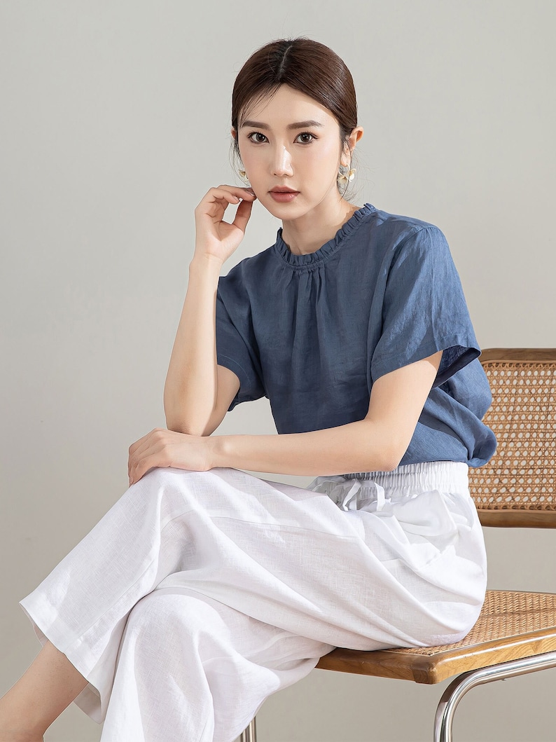Blue Vintage Linen Tops Clothing, Retro Ruffle Crew Neck Linen Shirts ...
