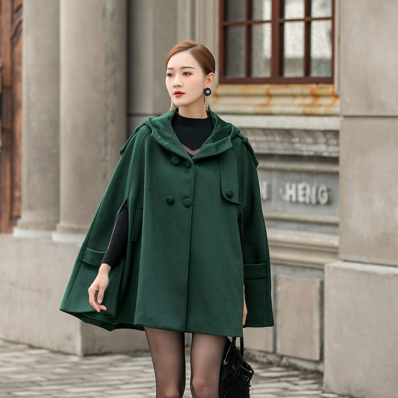 Green Hooded Wool Cape Coat Women Winter Wool Cloak Coat With | Etsy