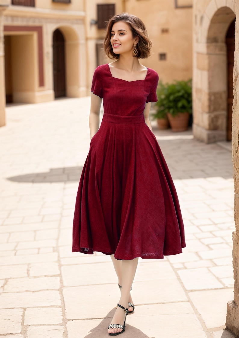 Family Gathering Dress, Linen Green Midi Women Dress, A-line Summer ...
