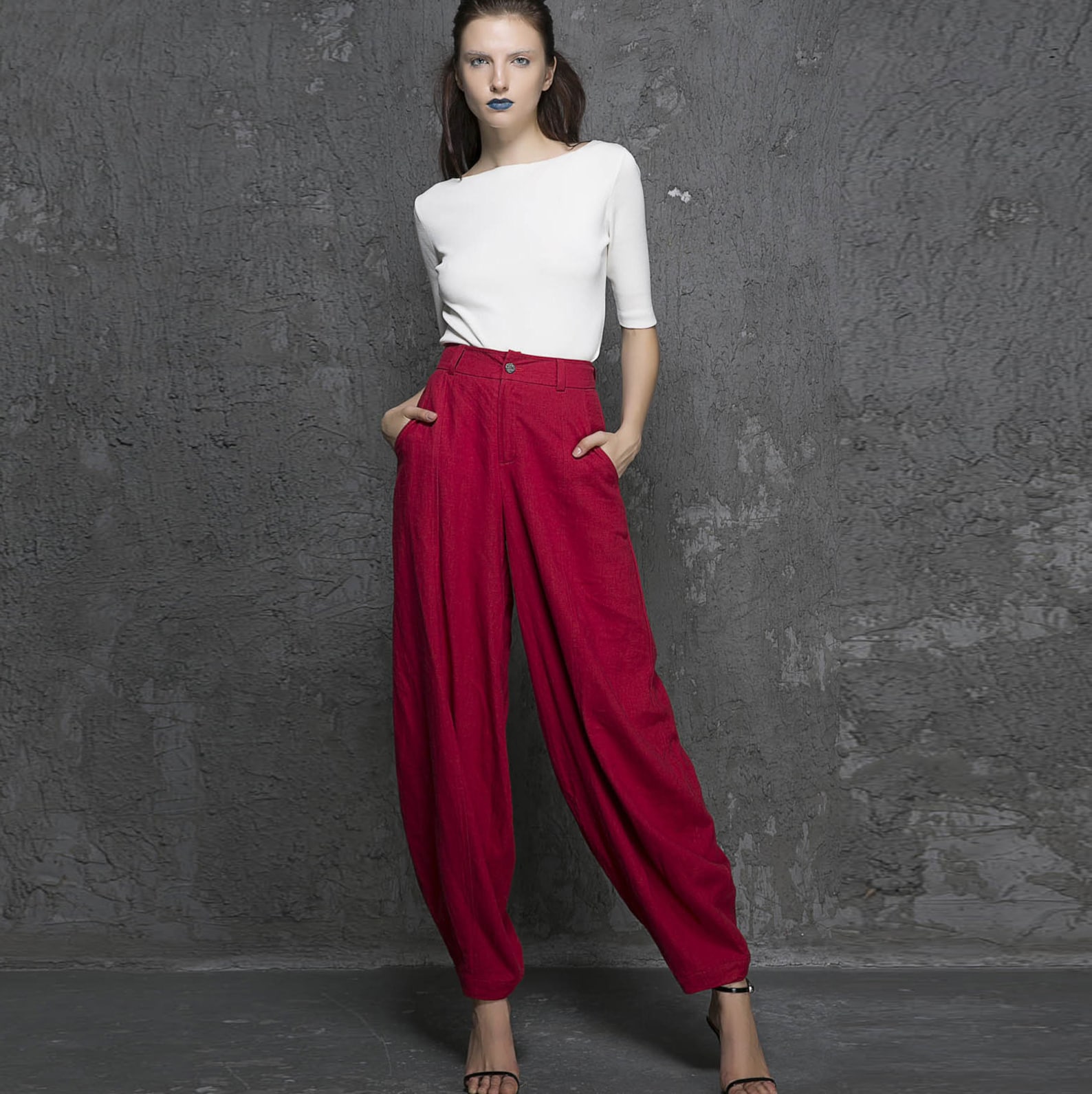 Red Linen Harem Pants, High Waisted Casual Trousers, Custom, Xiaolizi ...