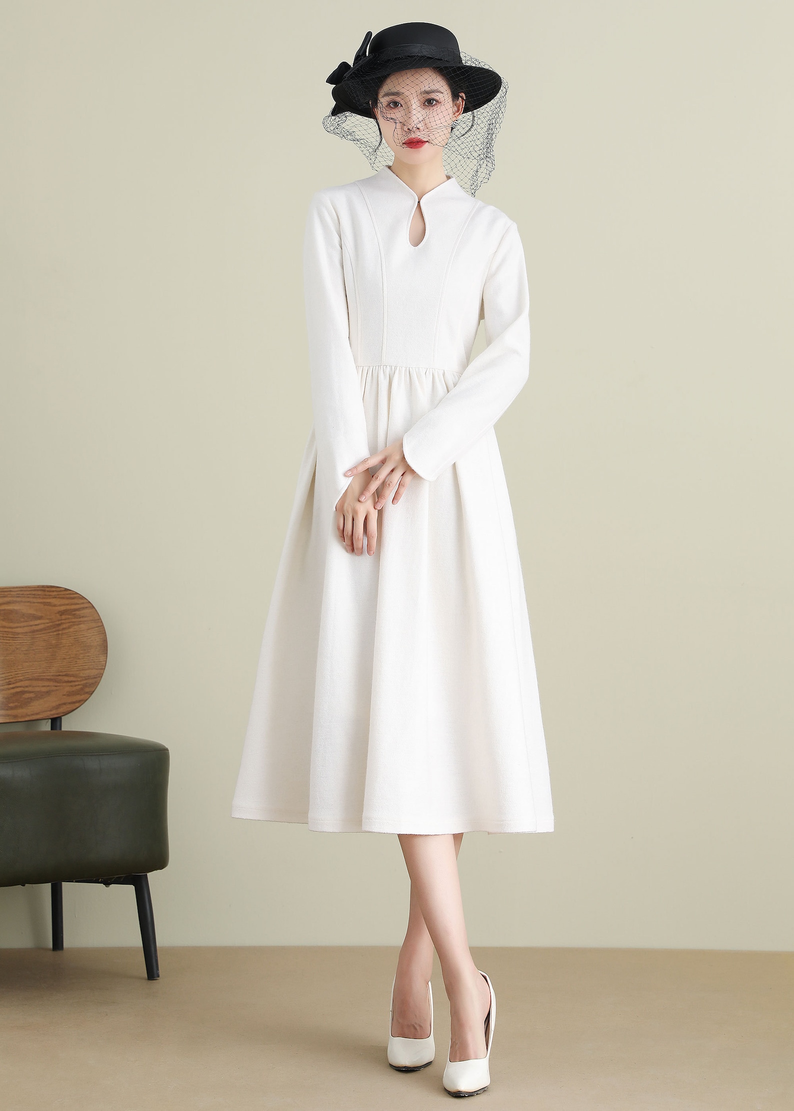 White Wool Dress, Wool Midi Dress, A-line Wool Dress, Wedding Guest ...