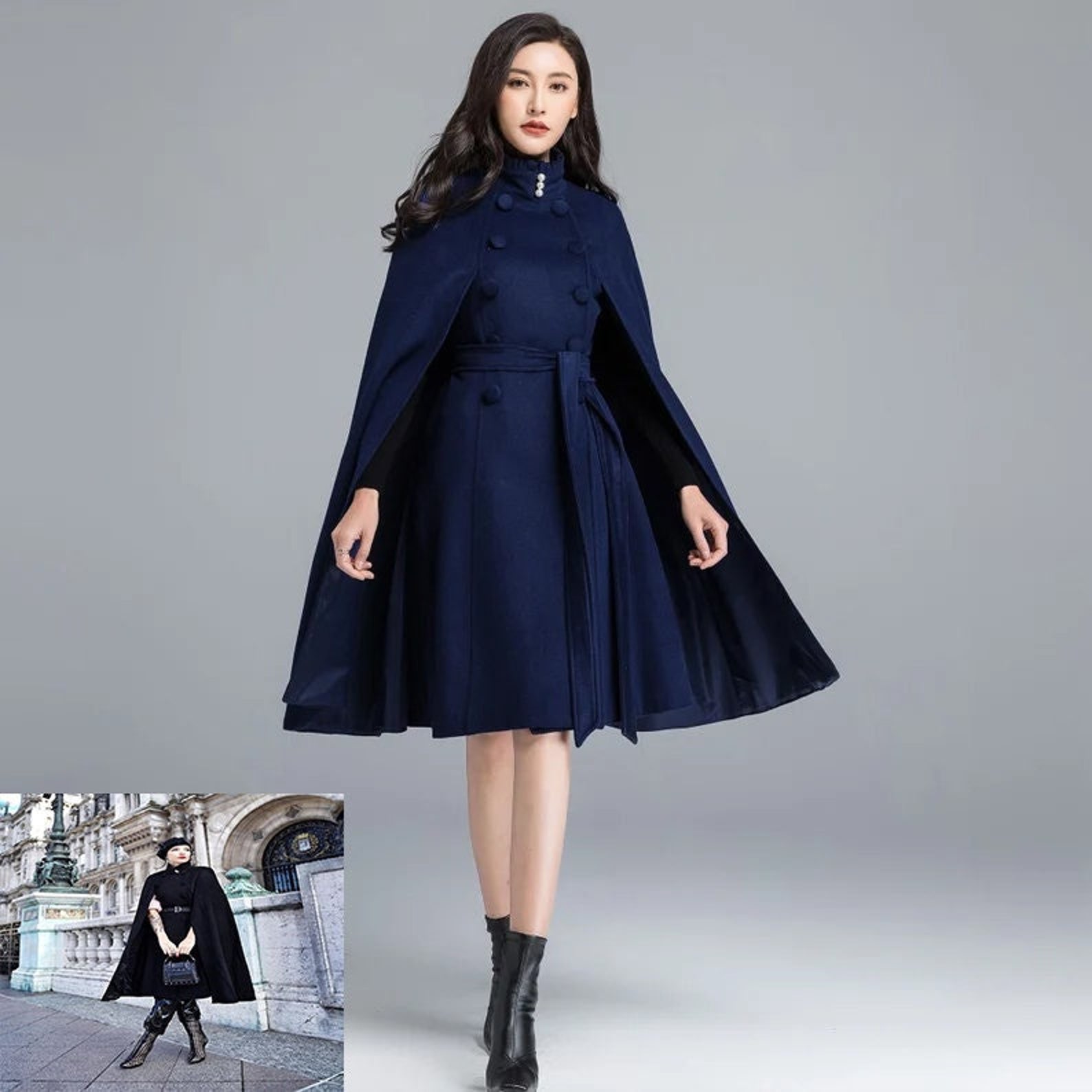 Winter Wool Cape Coat Women Long Wool Cape With Stand Collar - Etsy