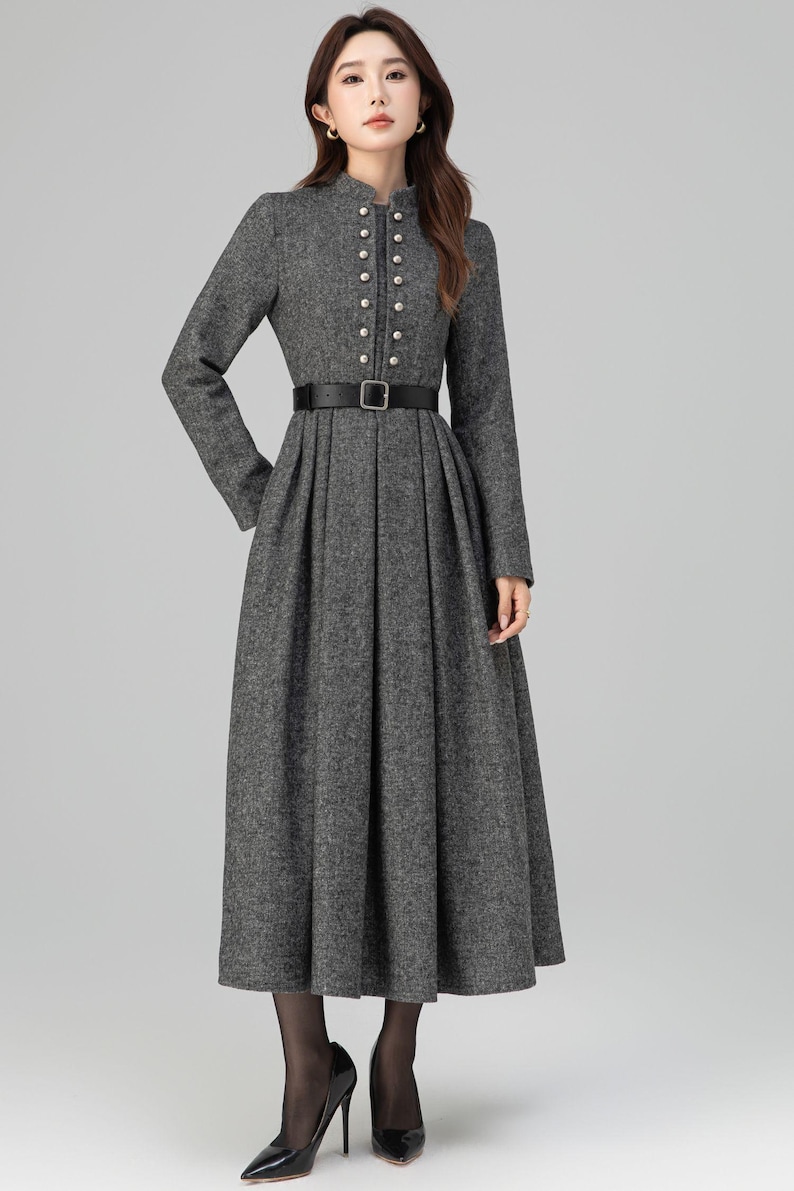 Gray Wool Midi Dress: Long Sleeve Pleated Swing Dress, Autumn Winter ...