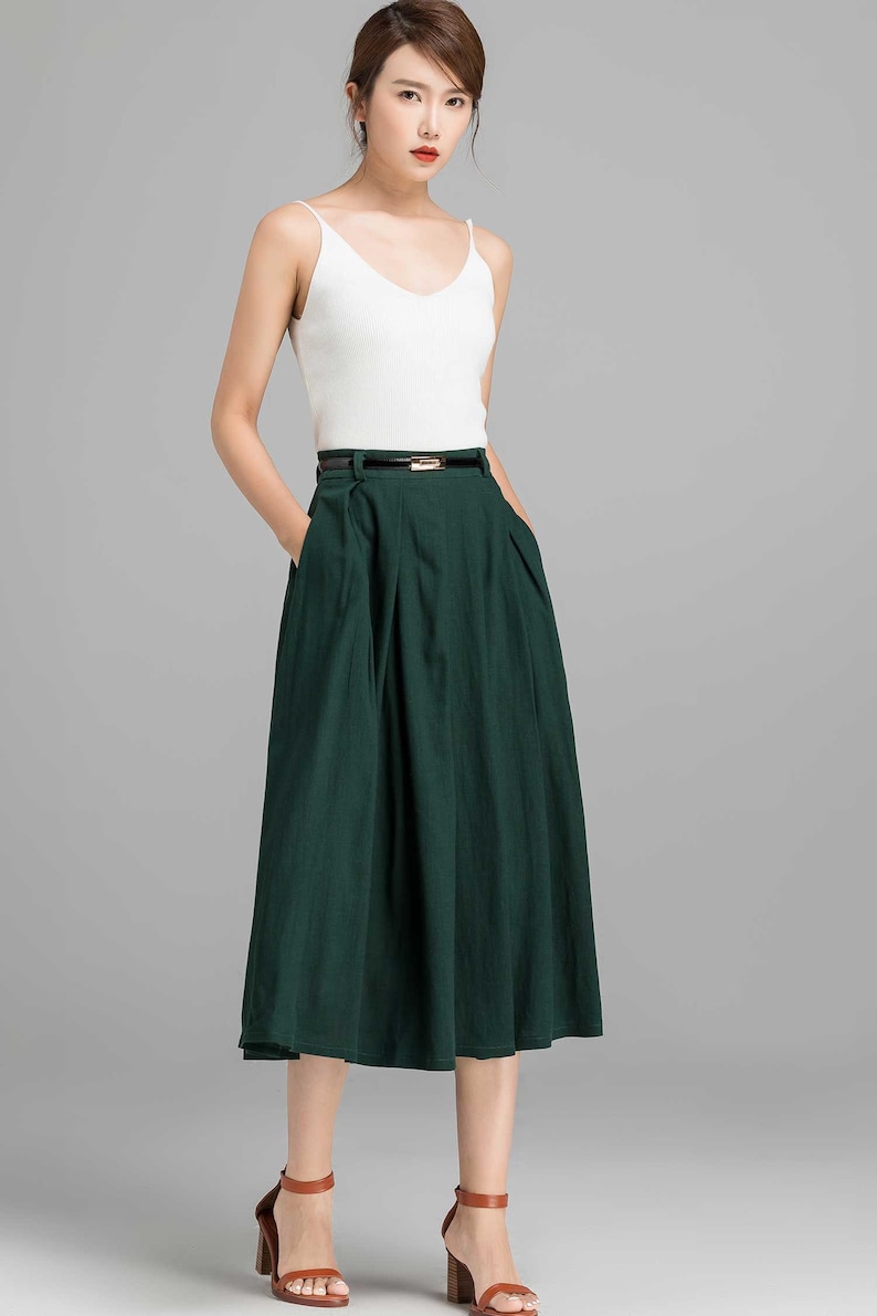 A Line pleated Midi skirt in blue Linen skirt pockets | Etsy