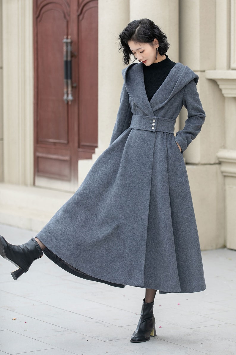 Long Wool Coat, Womens Gray Swing Wool Coat, Warm Wool Coat, Hooded ...
