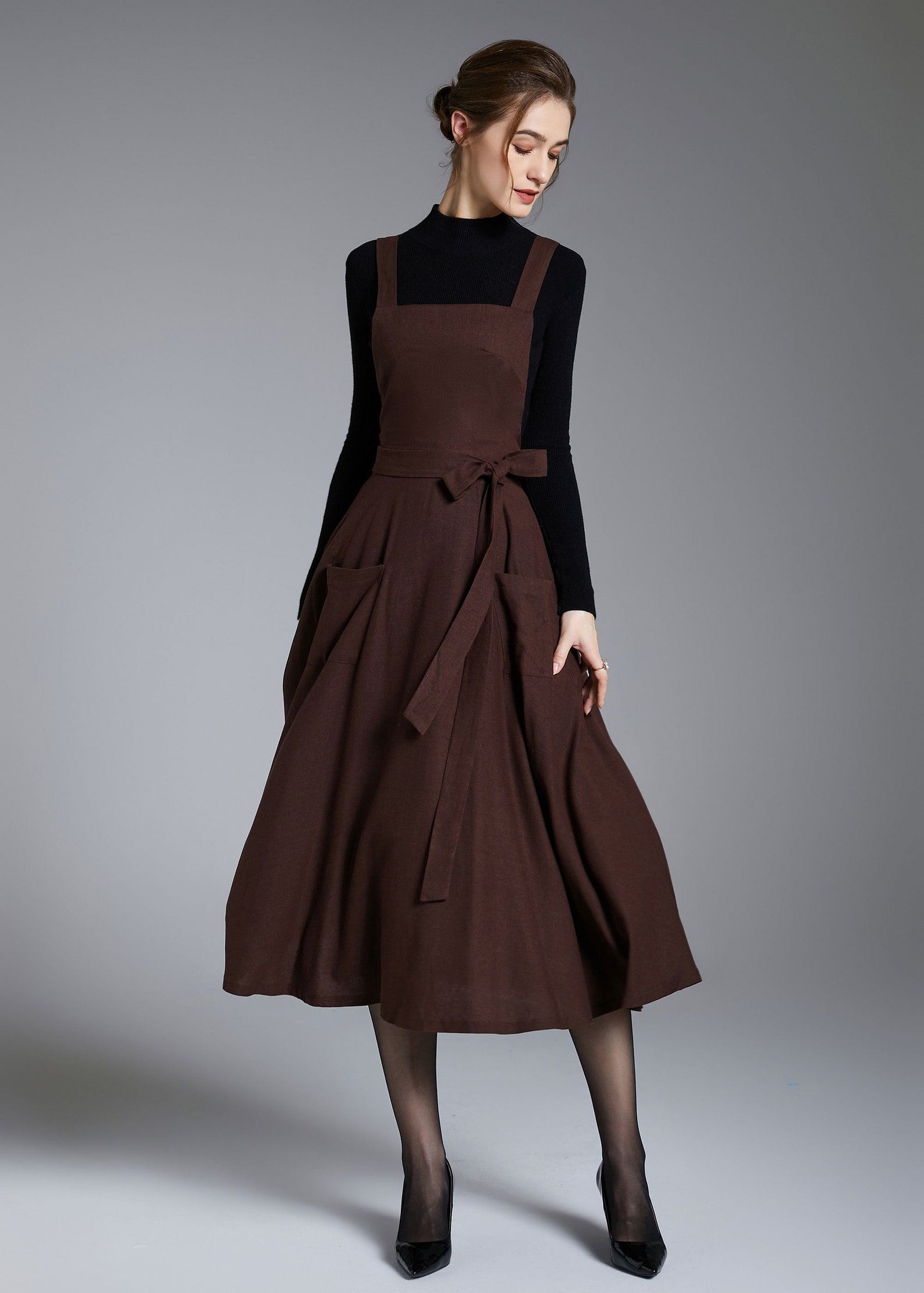 Linen Pinafore, Linen Pinafore Dress, Brown Linen Midi Dress, Women's ...