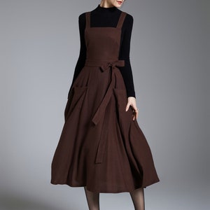 Linen Pinafore, Linen Pinafore Dress, Brown Linen Midi Dress, Women's ...