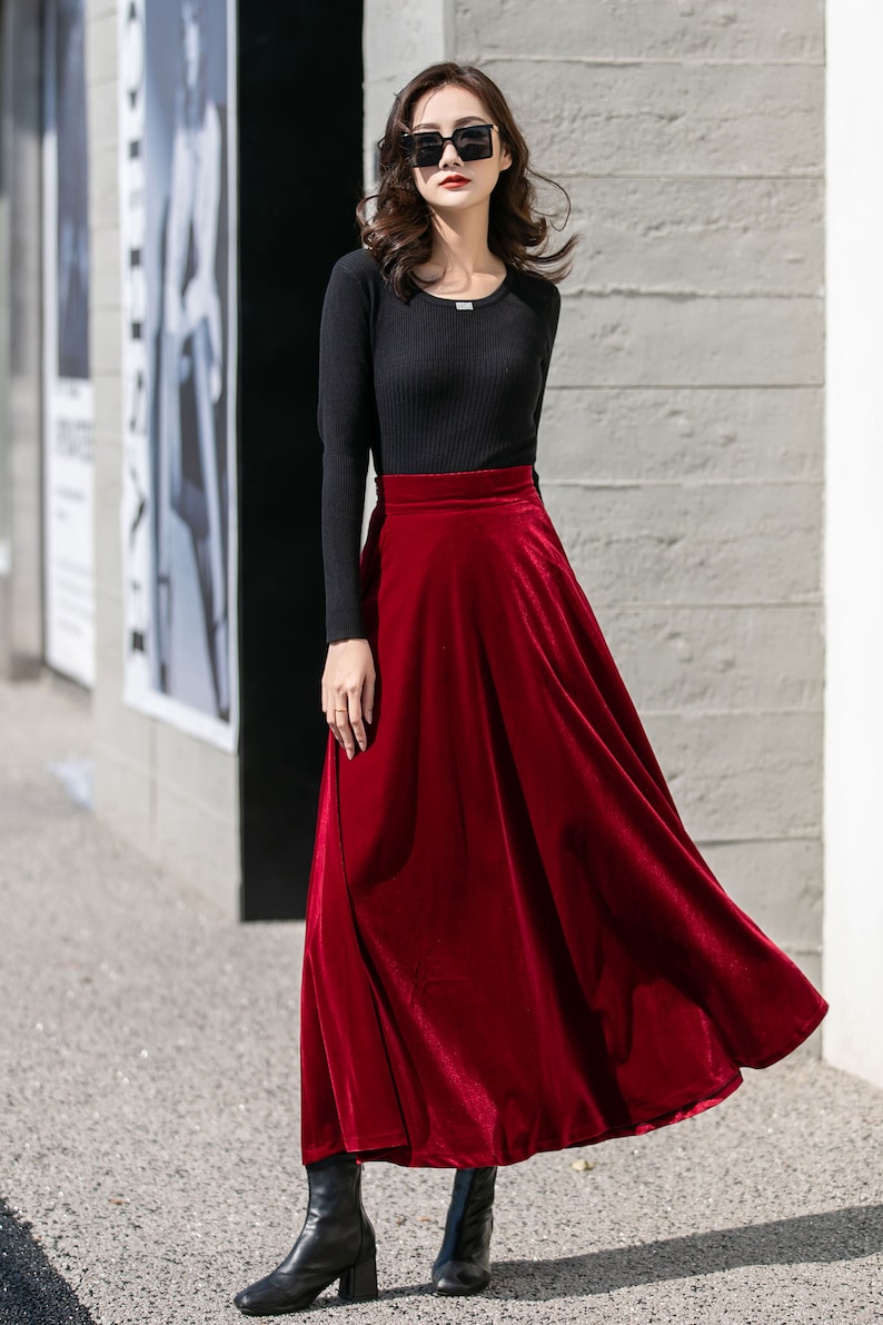Red Long Velvet Skirt, High Waisted Skirt, Swing Skirt, A Line Skirt ...
