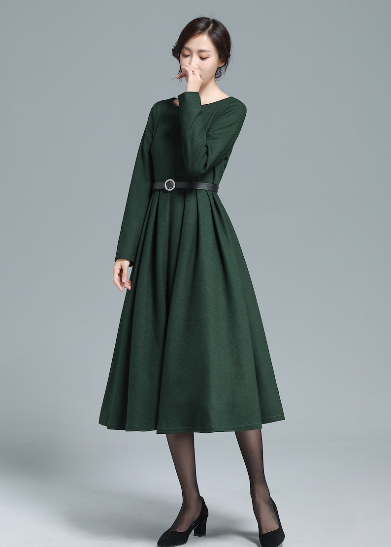 Green Winter Wool Dress Women Wool Midi Dress Vintage | Etsy