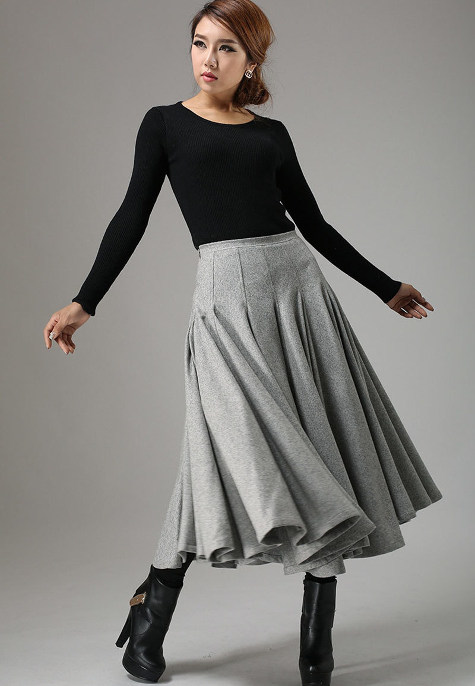 Wool Circle Skirt Pleated Midi Skirt In Gray Wool Skirt Etsy