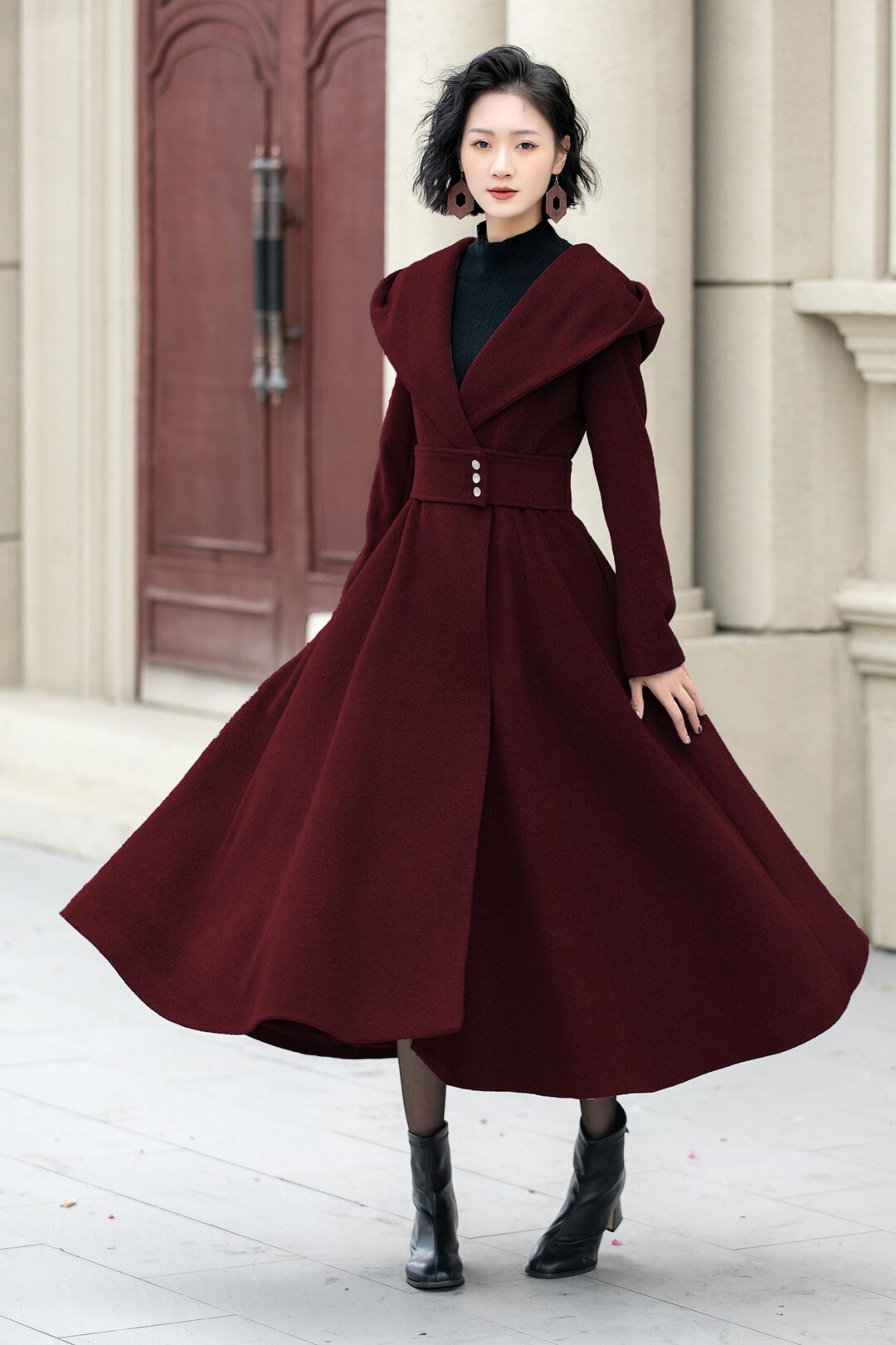 Burgundy Wool Hooded Swing Coat: Fit-and-flare Winter Coat Women ...