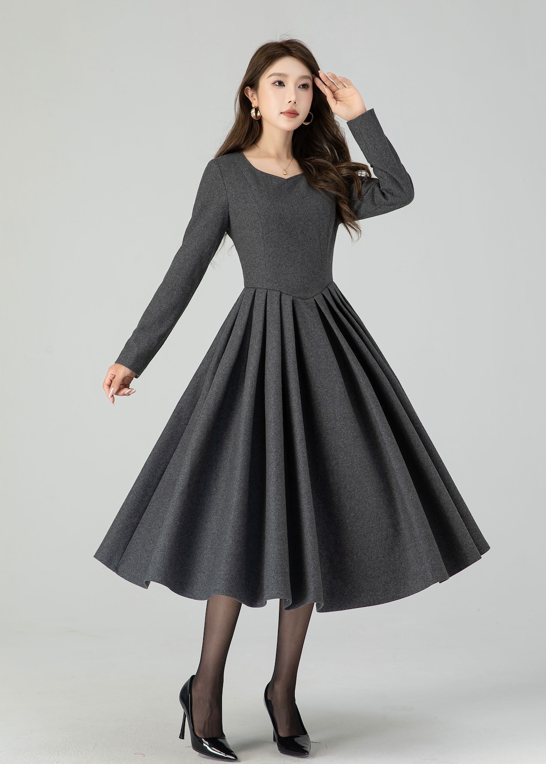 Wool Dress, Midi Wool Dress, Swing Wool Dress, Gray Wool Dress, Womens ...