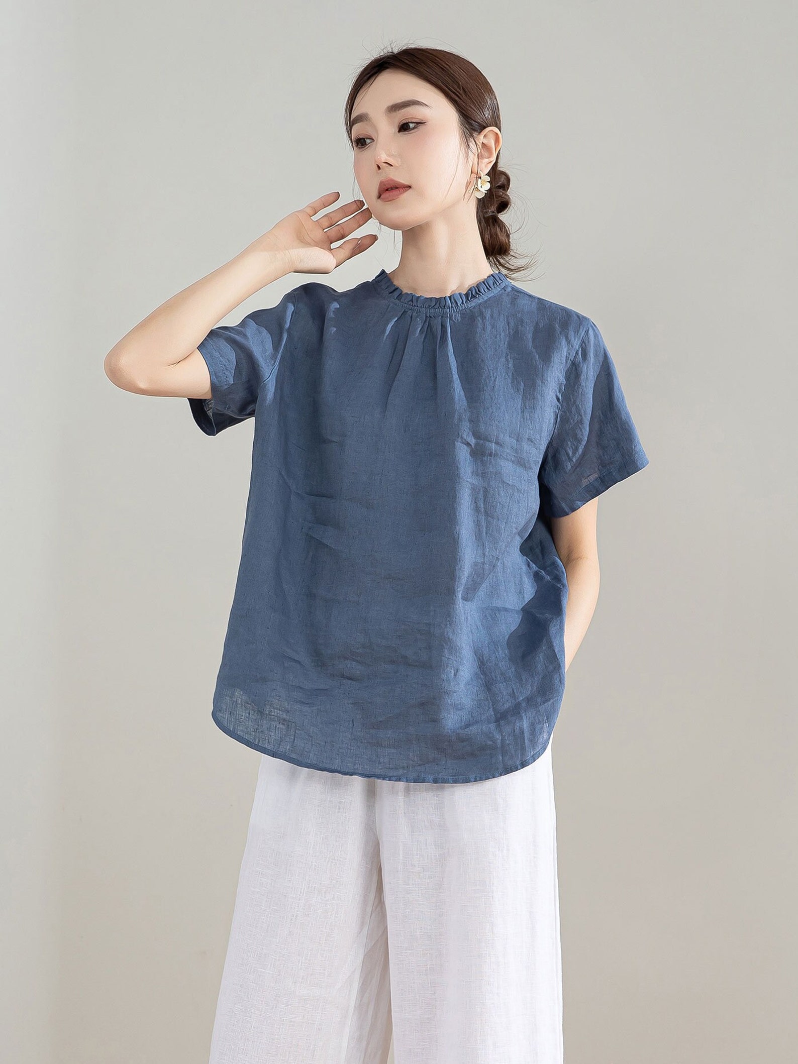 Blue Vintage Linen Tops Clothing, Retro Ruffle Crew Neck Linen Shirts ...