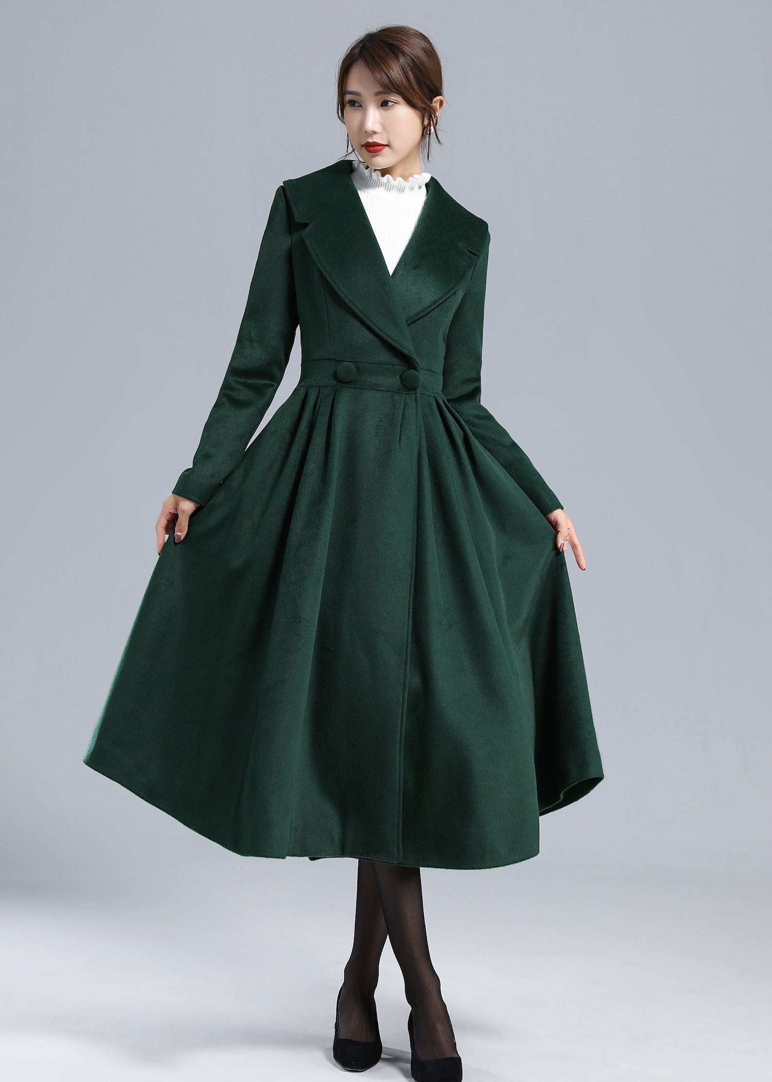 Dark Green Wool Princess Coat, Long Wool Coat, Fit and Flare Coat, Wool ...