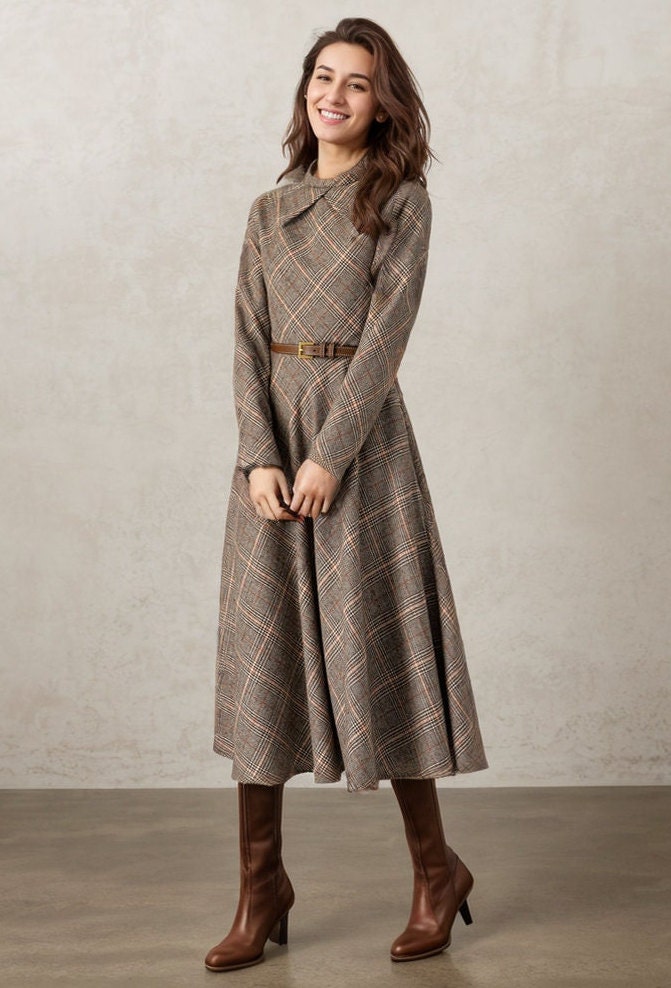Plaid Wool Dress, Vintage Inspired Wool Dress, Long Sleeves Swing Dress ...
