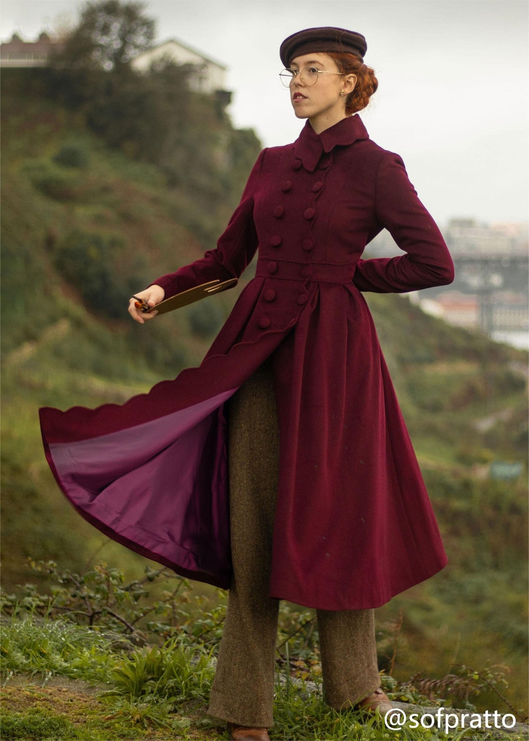 Midi Wool Coat, Burgundy Wool Coat, Wool Princess Coat, Double-breast ...