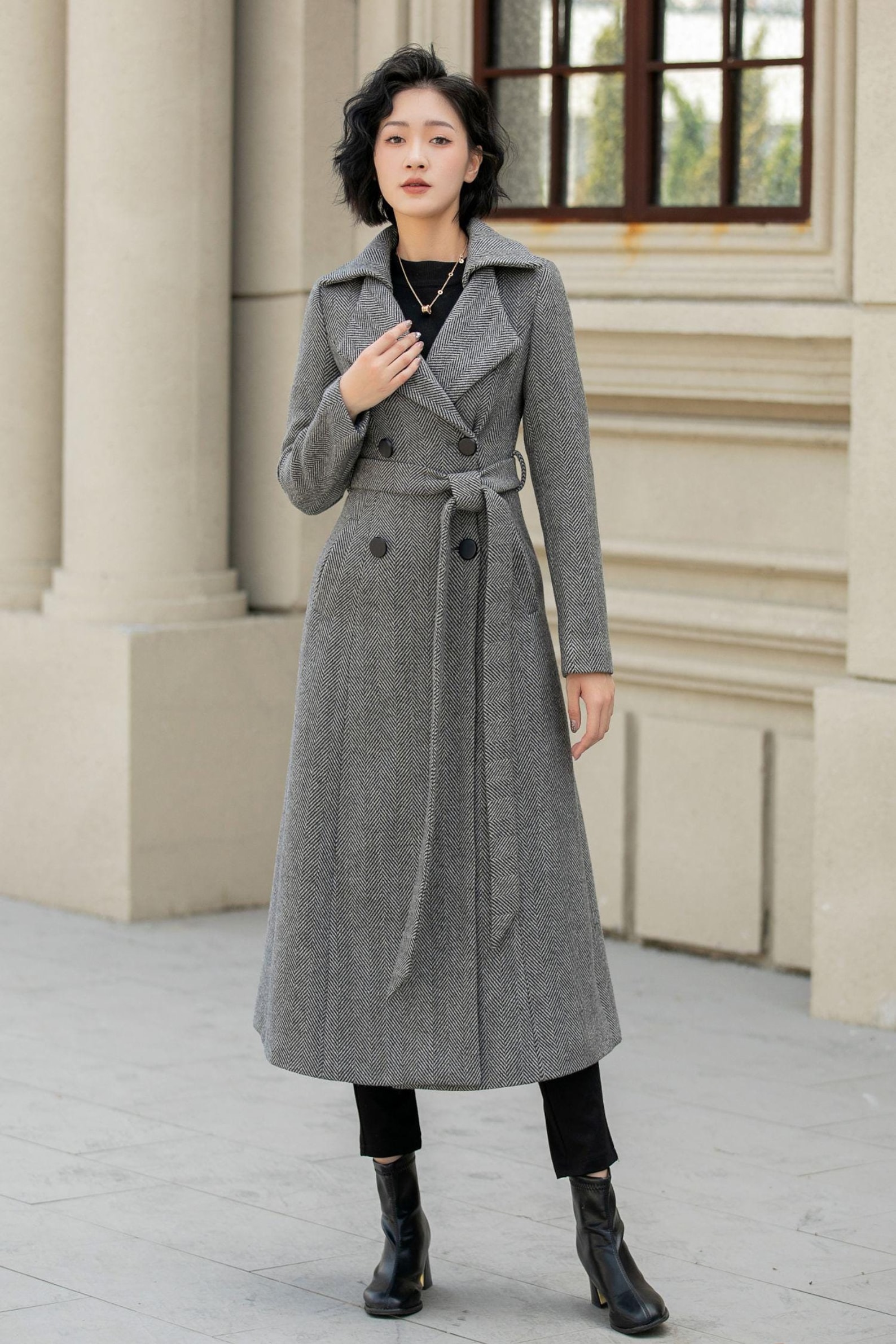 Herringbone Long Wool Trench Coat, Womens A Line Wool Coat, Belted Wool ...