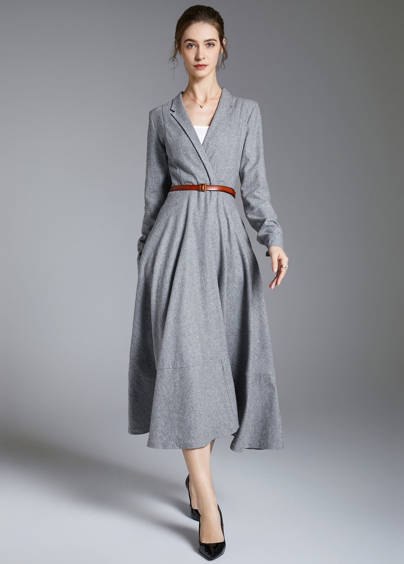 Gray Wool Dress Wool Midi Dress Long Sleeve Wool Dress Etsy