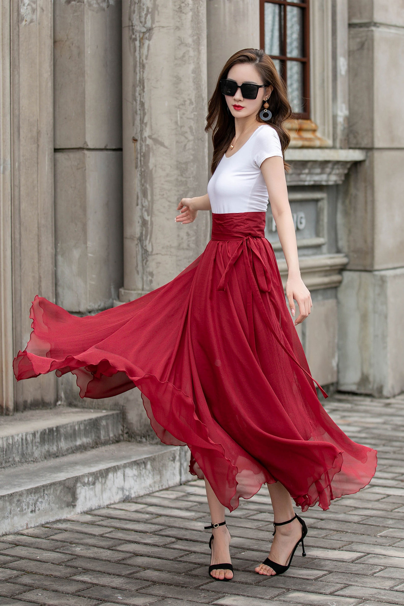 Red Summer Swing Chiffon Maxi Skirt, Circle Long Chiffon Skirt for ...