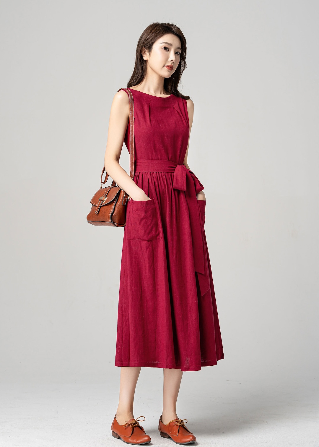 Red Linen Dress, Womens Midi Linen Dress, Summer Dress, Casual Long ...