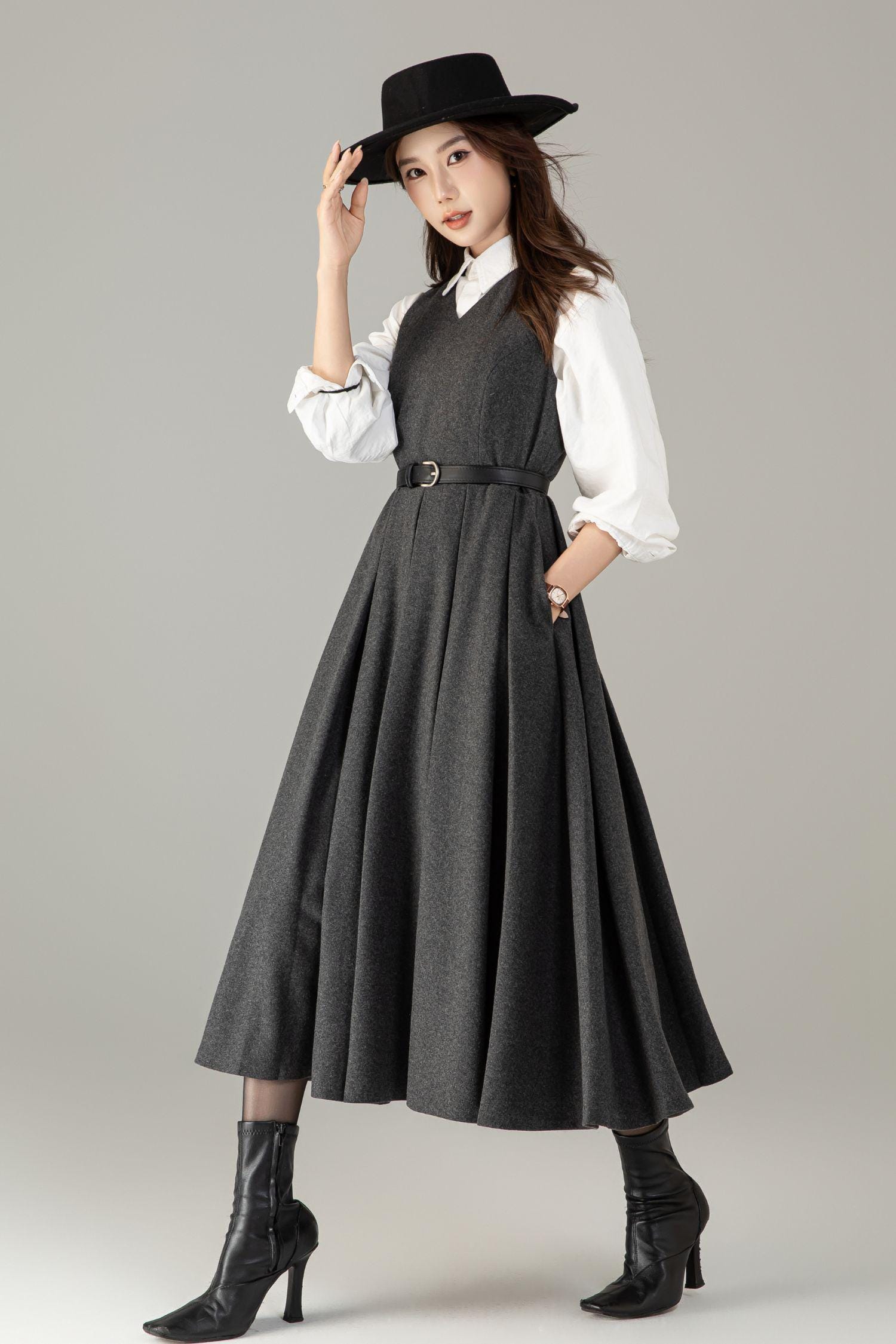 Grey Wool Midi Pinafore Dress: Vintage Style Pleated Jumper, Sleeveless ...
