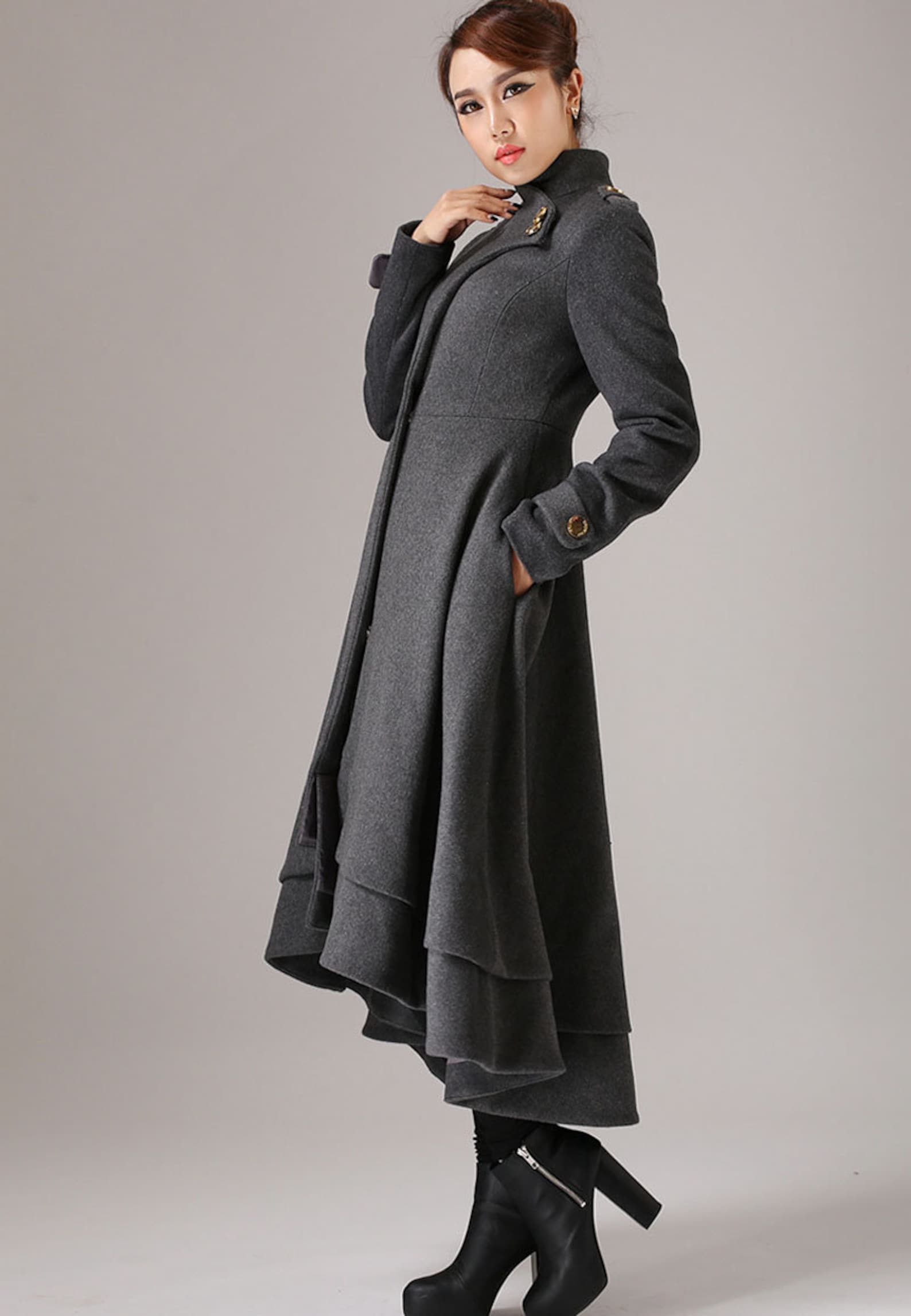 Gray Wool Coats, Long Wool Coat Women, Winter Coat, Wool Coat, Swing Coat, Belted Wool Coat ...