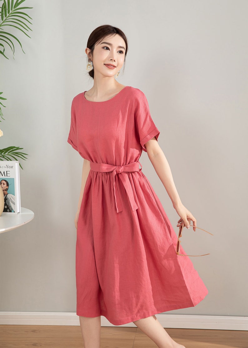 Pink Linen Dress Womens Midi Dress Swing Linen Dress With - Etsy