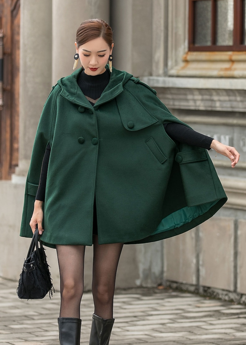 Green Hooded Wool Cape Coat Women Winter Wool Cloak Coat With | Etsy