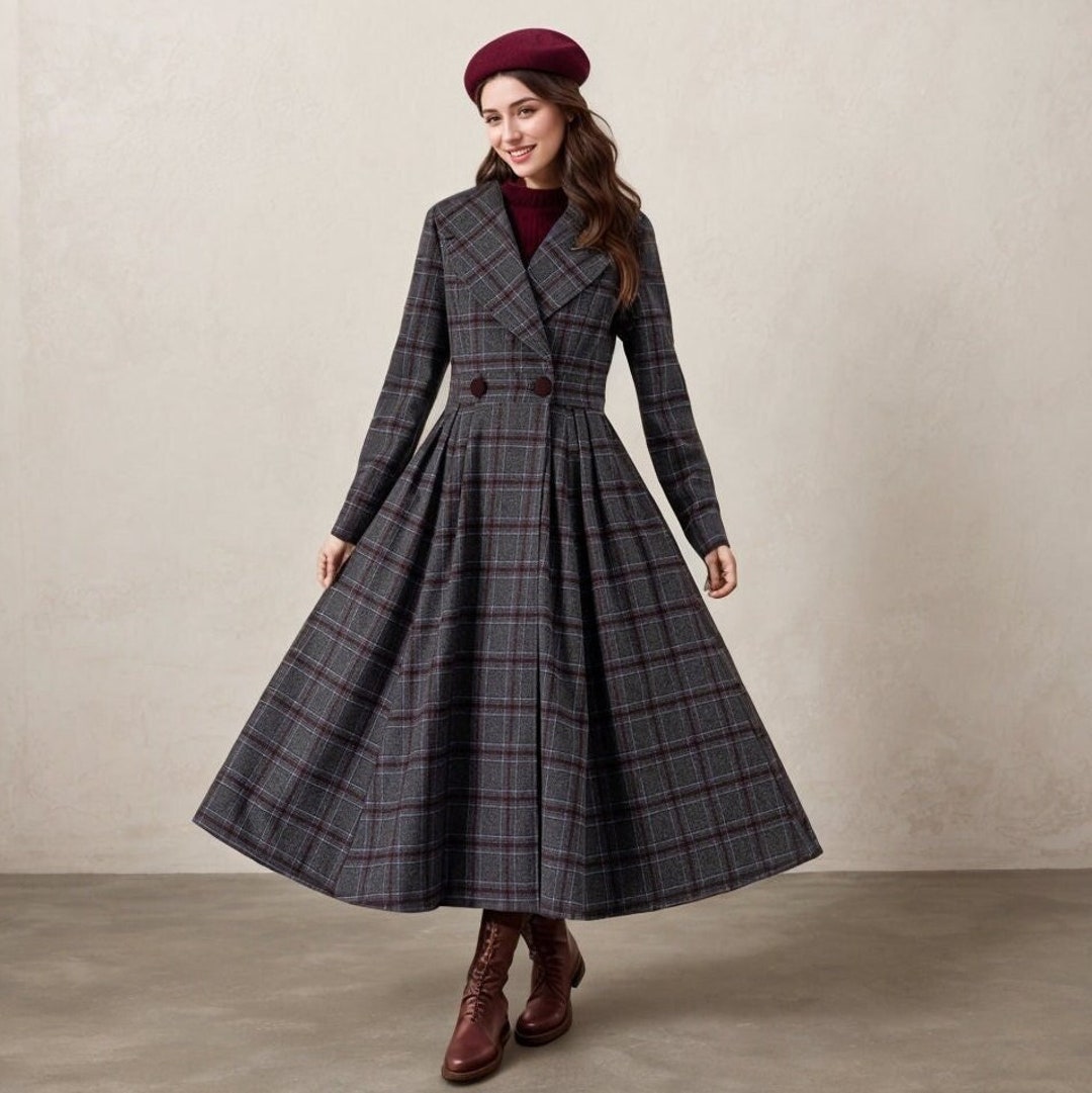 Vintage Inspired Wool Coat Plaid Long Wool Coat Winter Coat Women