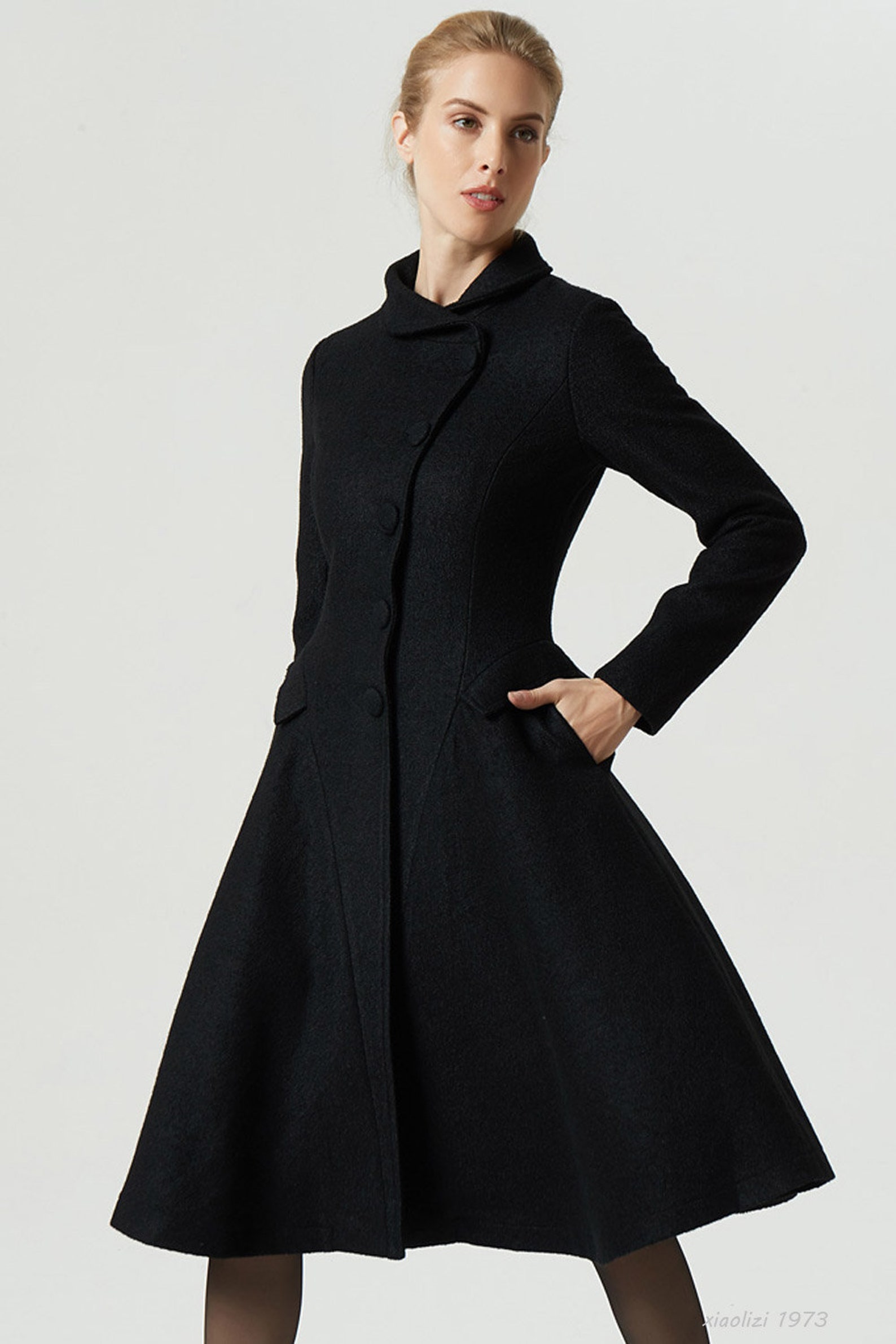 Vintage Inspired Swing Coat, Black Wool Coat, Wool Coat Women, Midi ...
