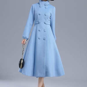 Double Breasted Wool Coat, Light Blue Wool Coat, Warm Winter Wool Coat ...