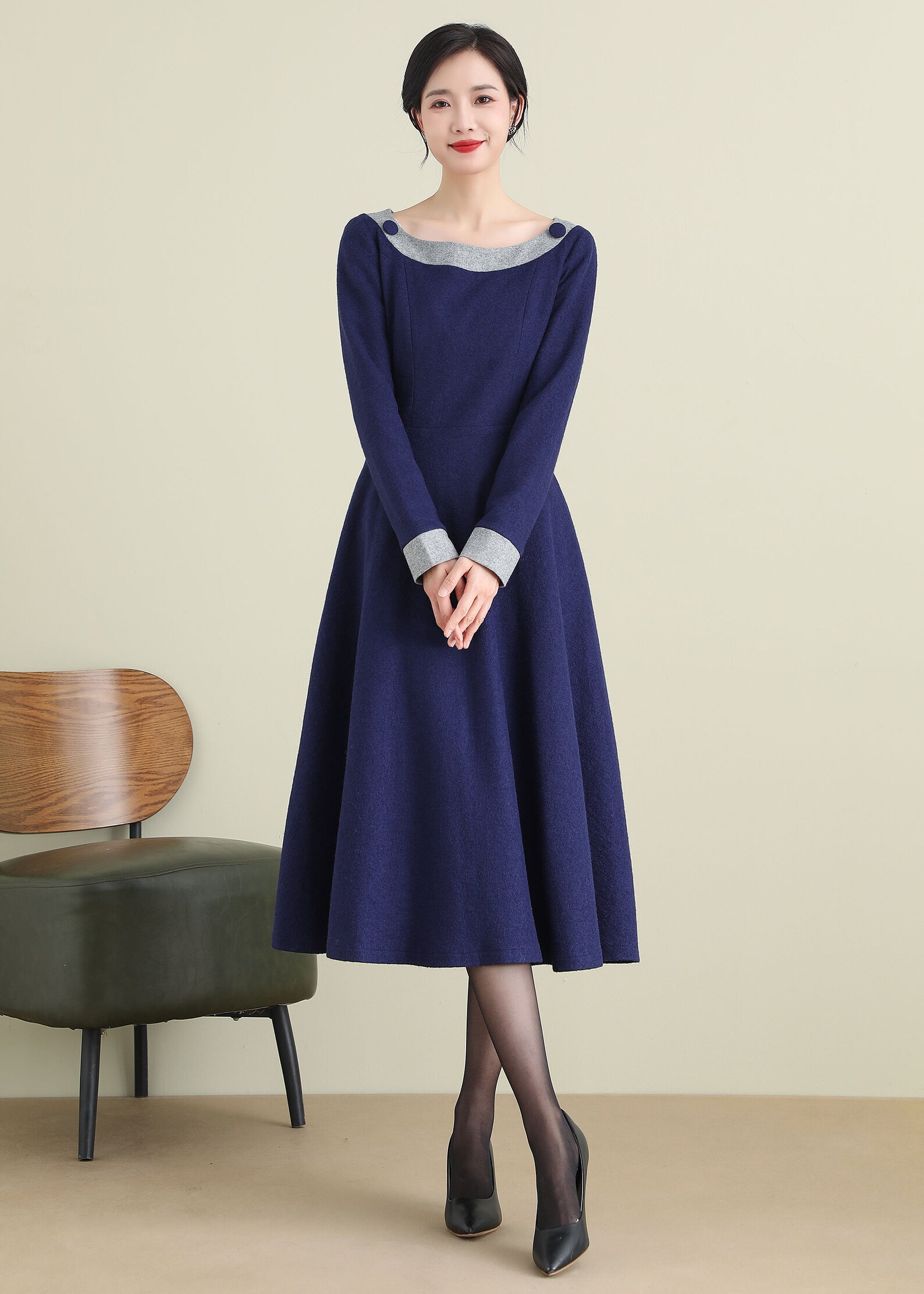 Wool Dress, Blue Wool Dress, Midi Dress, A-line Dress, Autumn Winter ...