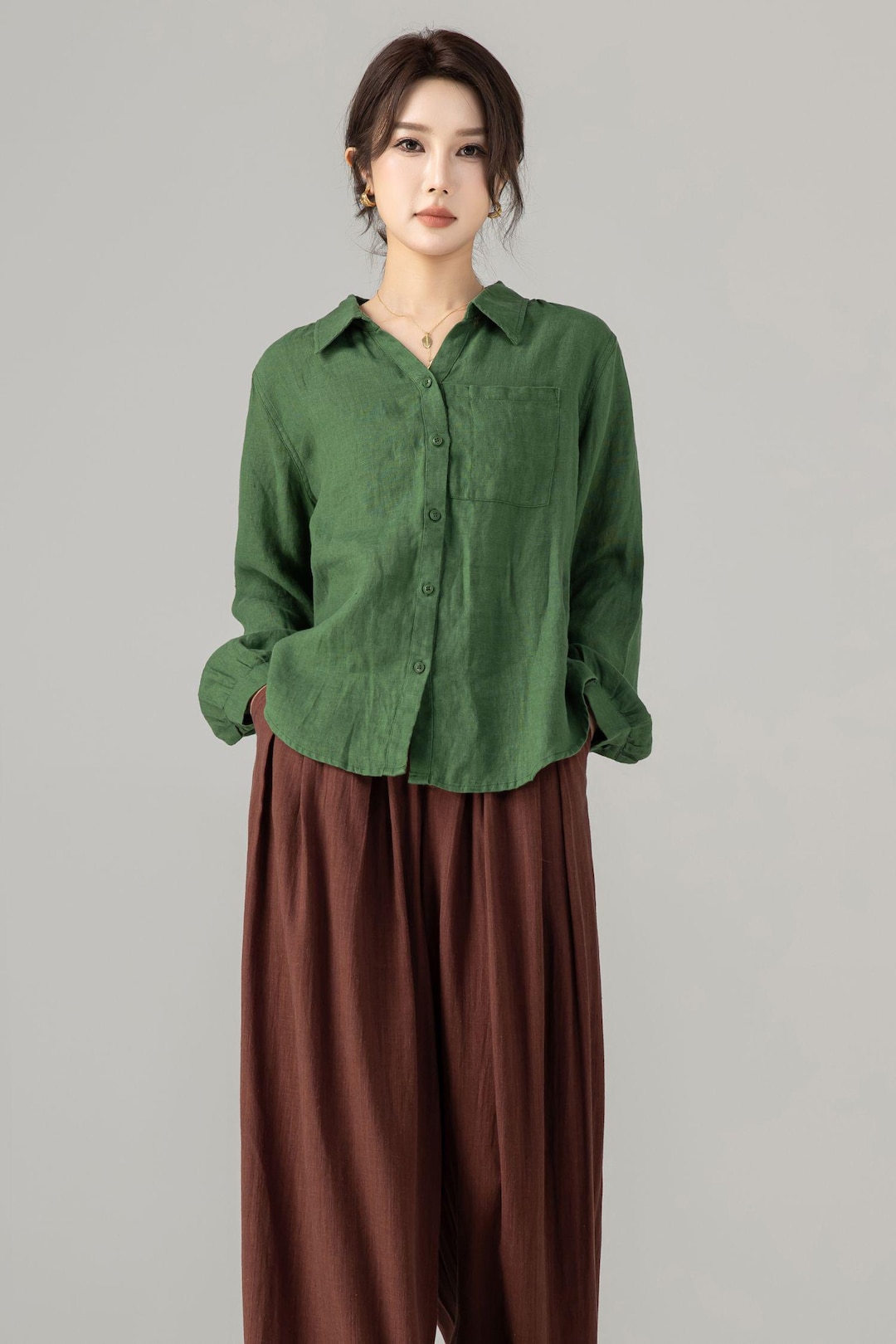 Outdoor Gathering Outfit, Loose Fit Green Linen Shirt for Women, Long ...