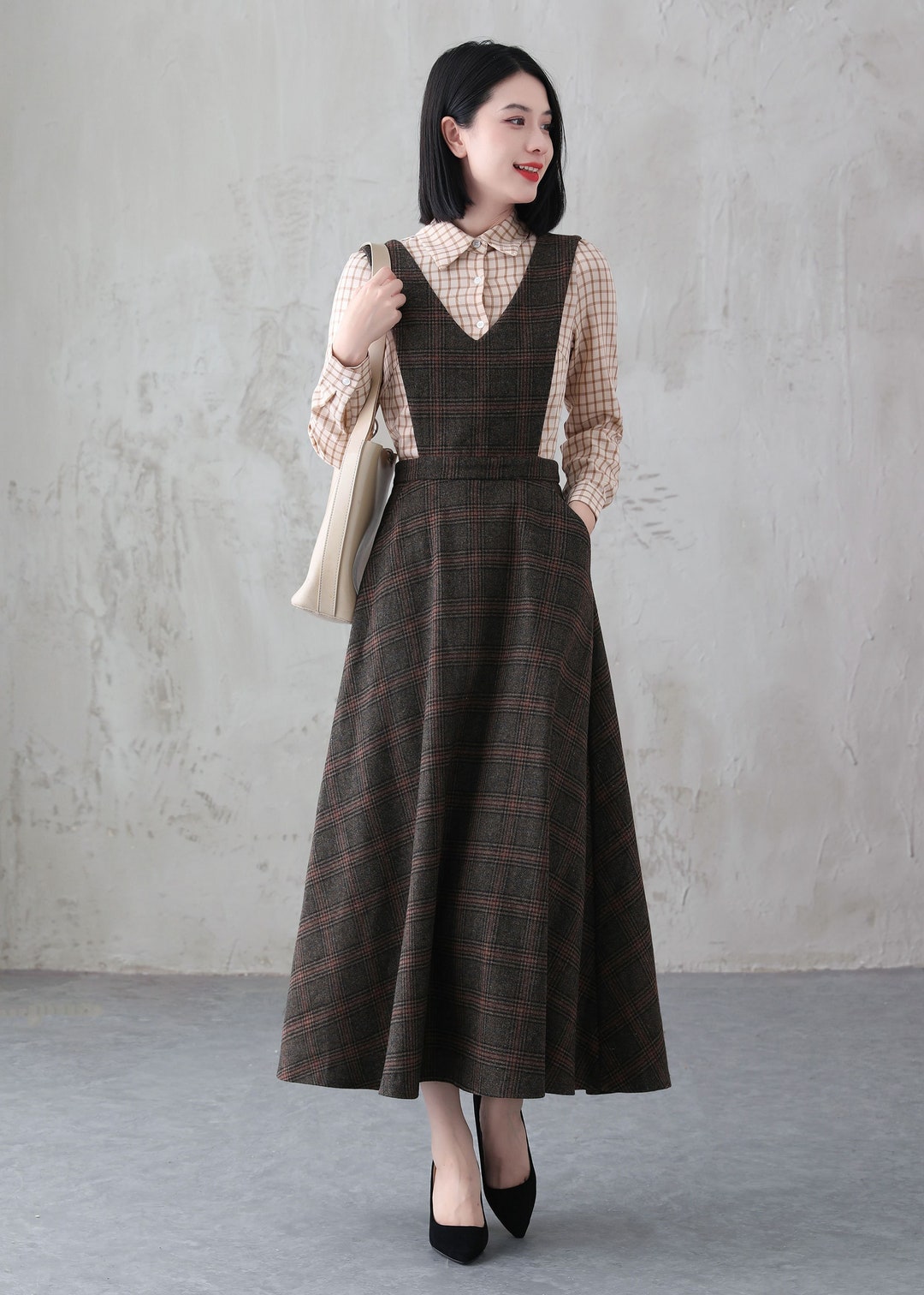 Long Wool Pinafore Dress, Vintage Inspired Plaid Wool Dress, Women's ...