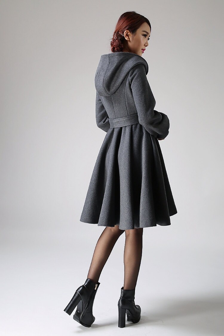 Long Sleeve Hooded Swing Coat, Winter Wool Coat, Hooded Wool Coat, Gray ...