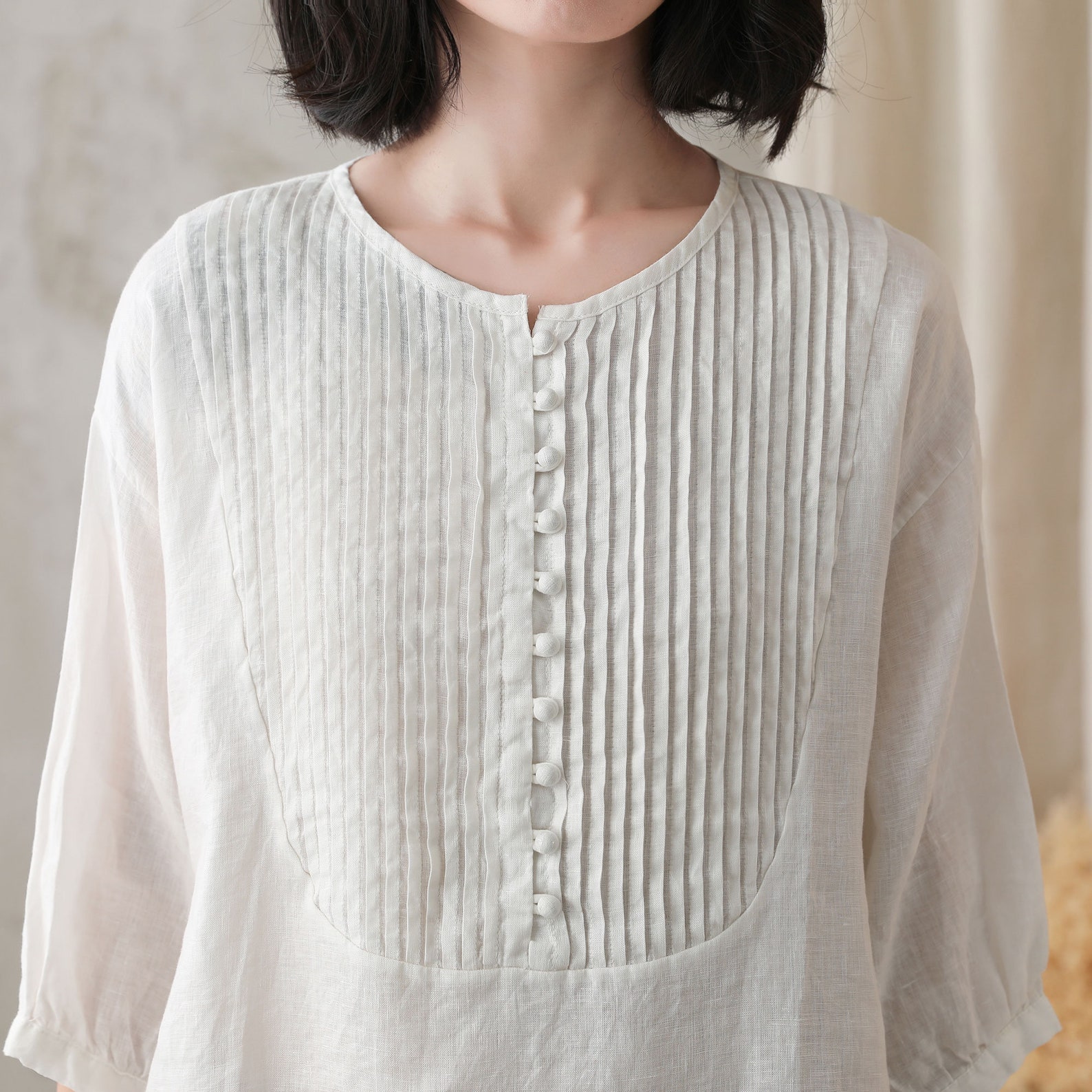 Weekend Outfit, White Linen Tops, Retro Crew Neck Linen Blouses, 3/4 ...